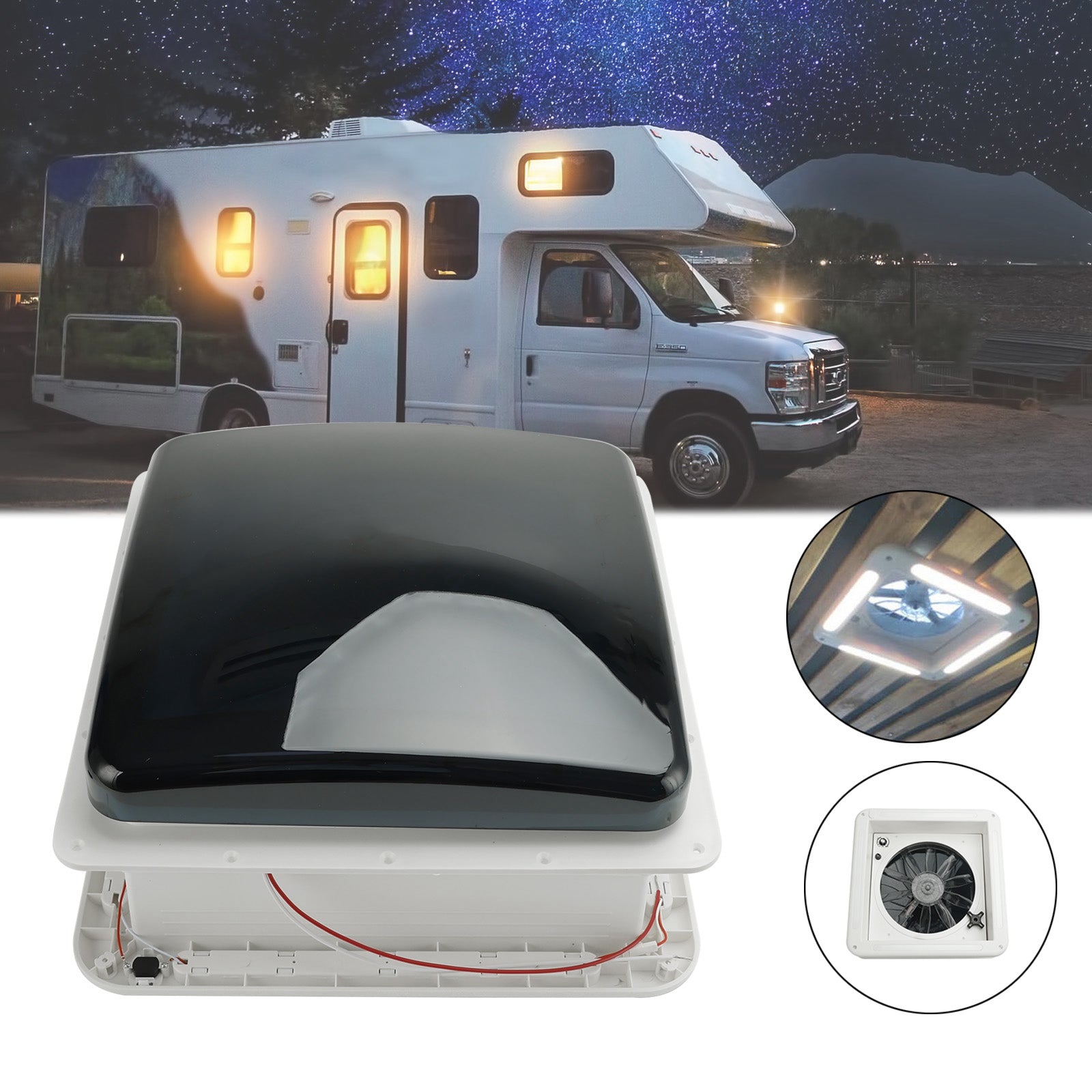 14" RV Caravan Roof Vent 3-Speed Motor RV Fan 12V Skylight With LED Li ...