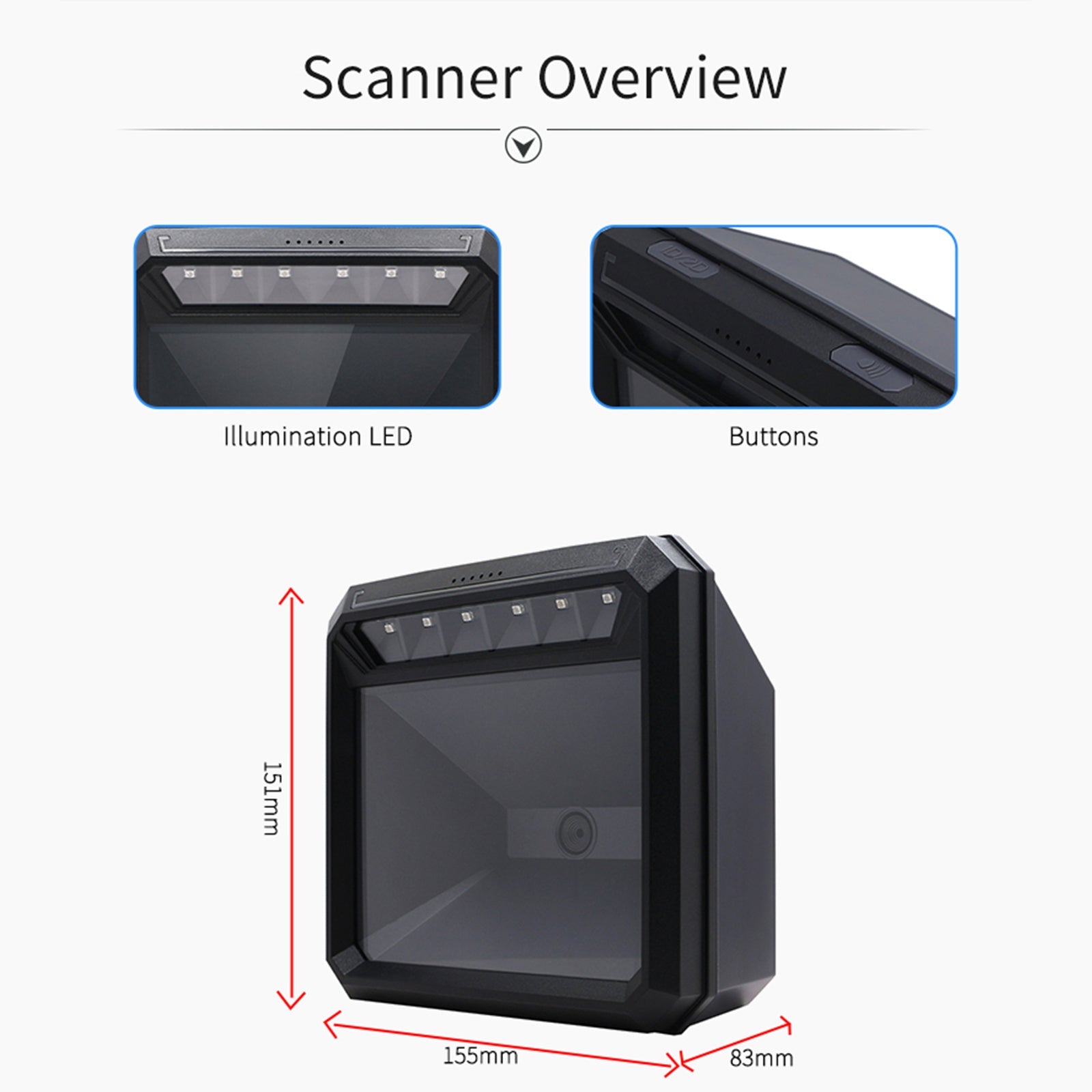 1D + 2D Desktop Barcode Scanner USB Wired Barcode Reader Auto Sensing ...