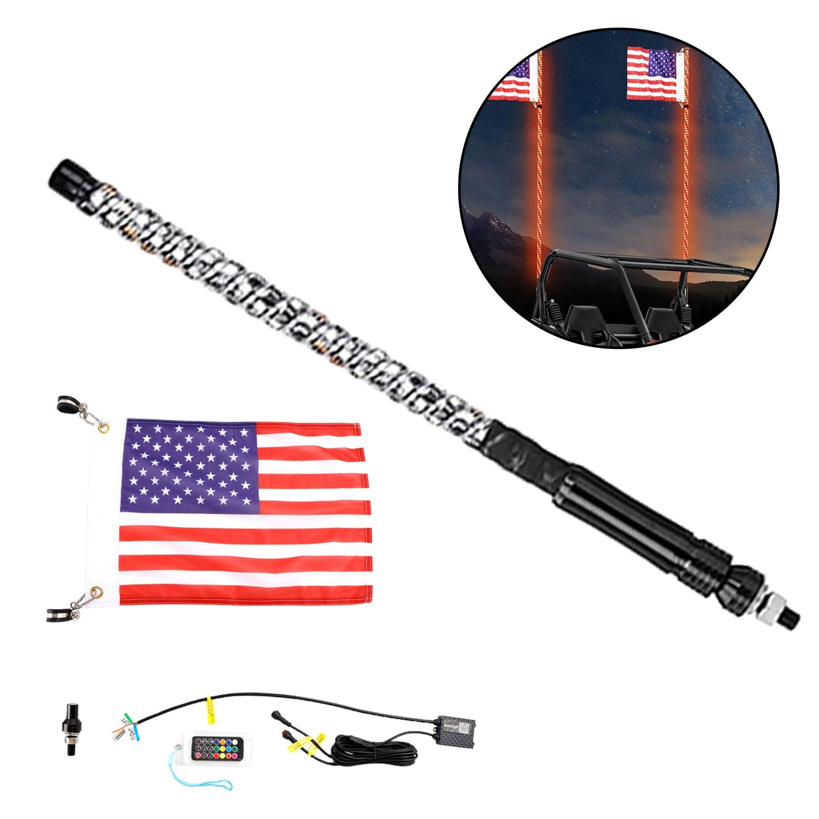2ft RGB LED APP Whip Lights Antenna W/ Flag Remote Control For Polaris ...