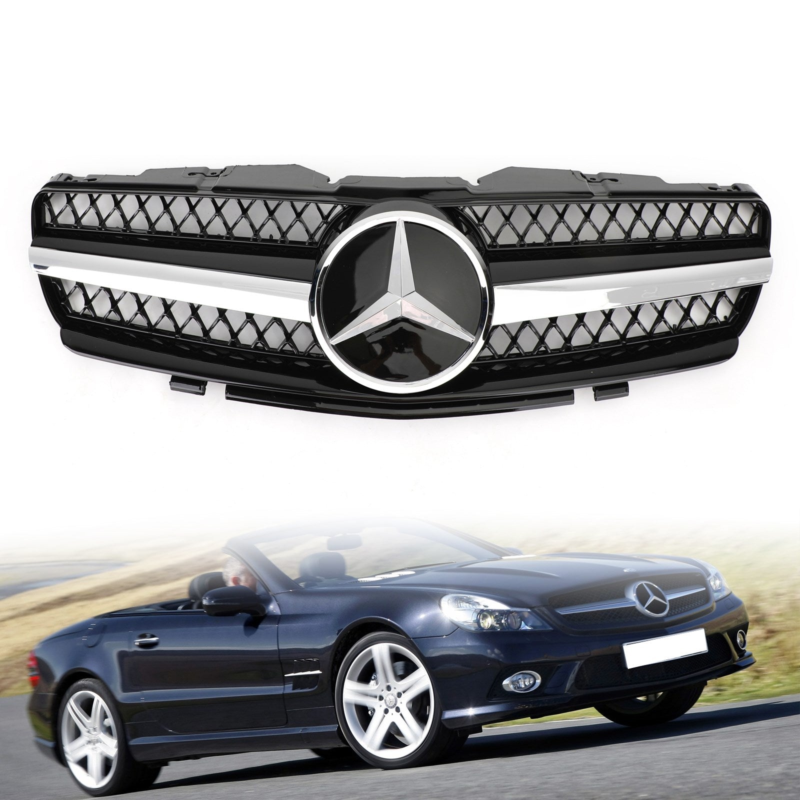 2003-2006 Mercedes-Benz R230 SL500 SL600 SL55 Black Chrome Grille Gene ...