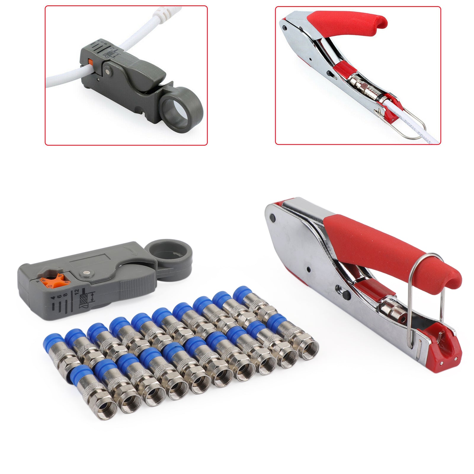 F-Type Compression Stripper Tool Coaxial Crimper + 20PCS RG6 Crimp Con ...